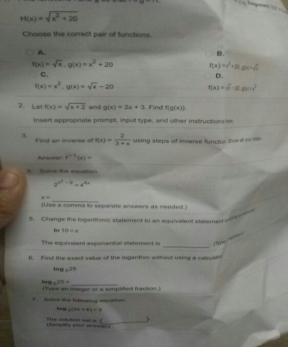 Solved H(x)x+20 the correct pair of functions. A. B. fox)-x. | Chegg.com