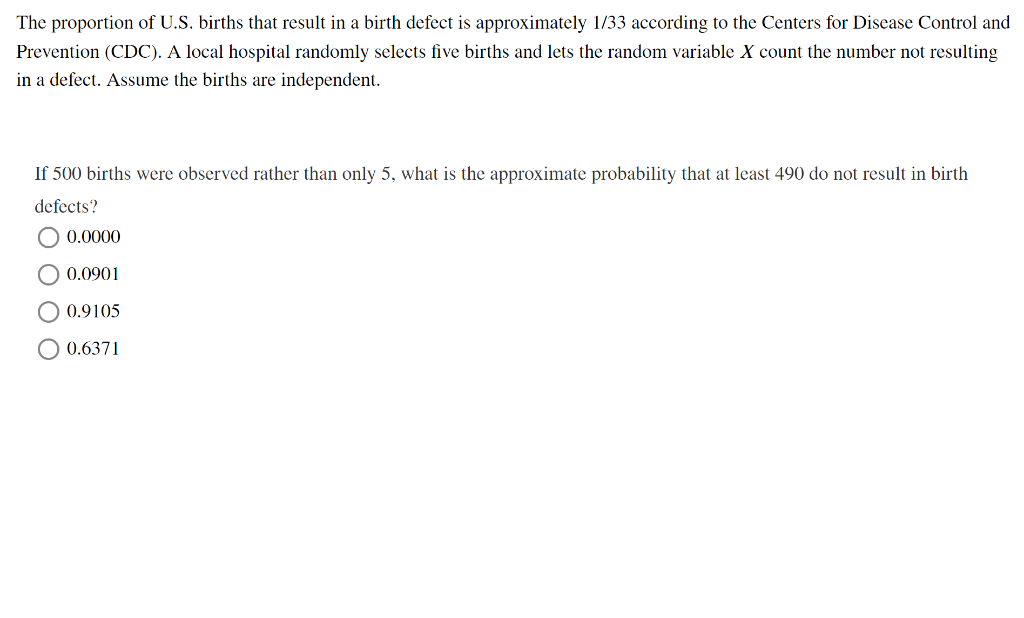 Solved The proportion of U.S. births that result in a birth | Chegg.com