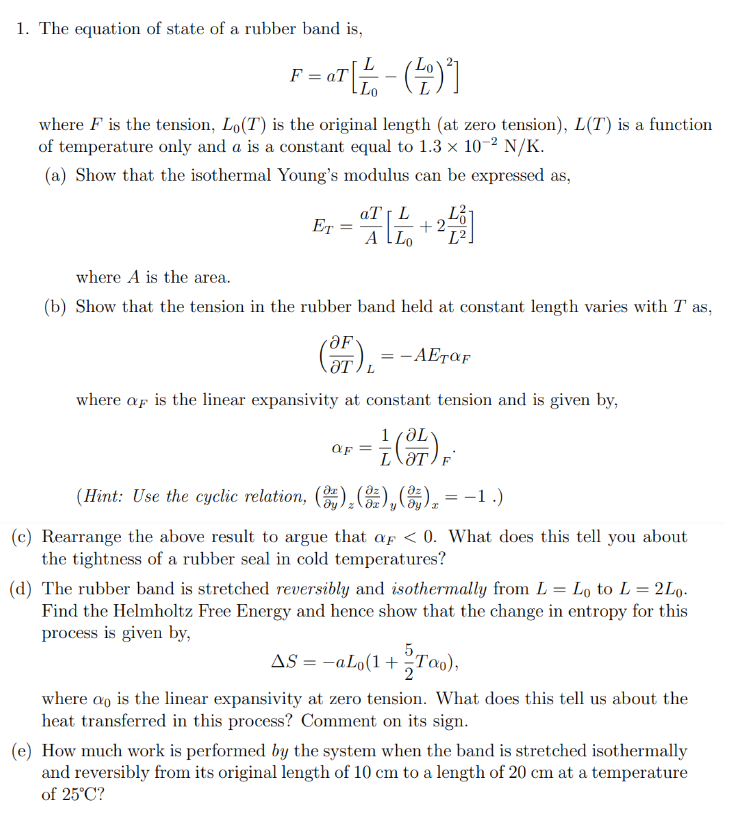 Solved 1. The equation of state of a rubber band is, | Chegg.com