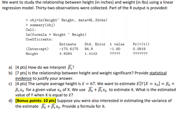 Solved We want to study the relationship between height (in | Chegg.com