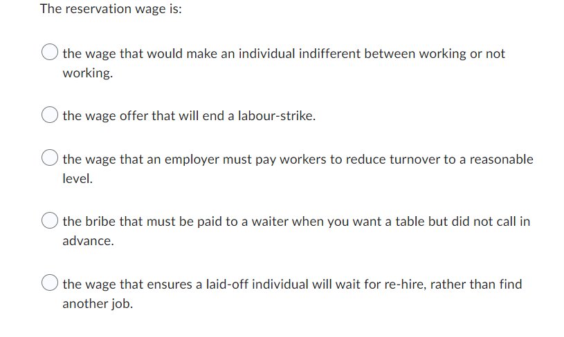 Solved The reservation wage is: the wage that would make an | Chegg.com