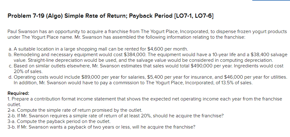 Solved Problem 7-19 (Algo) ﻿Simple Rate of Return; Payback | Chegg.com