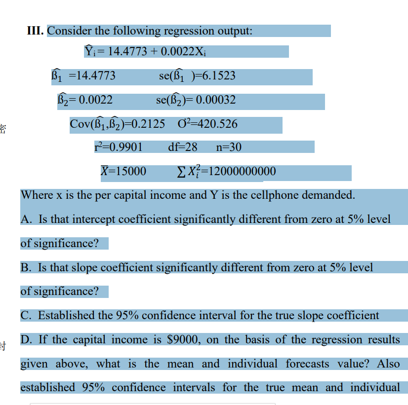 Solved III. Consider the following regression output: Ý= | Chegg.com