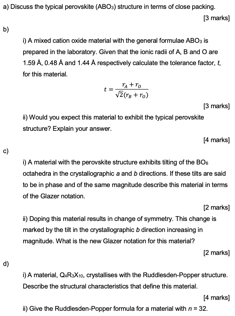 Solved a) Discuss the typical perovskite (ABO3) structure in | Chegg.com