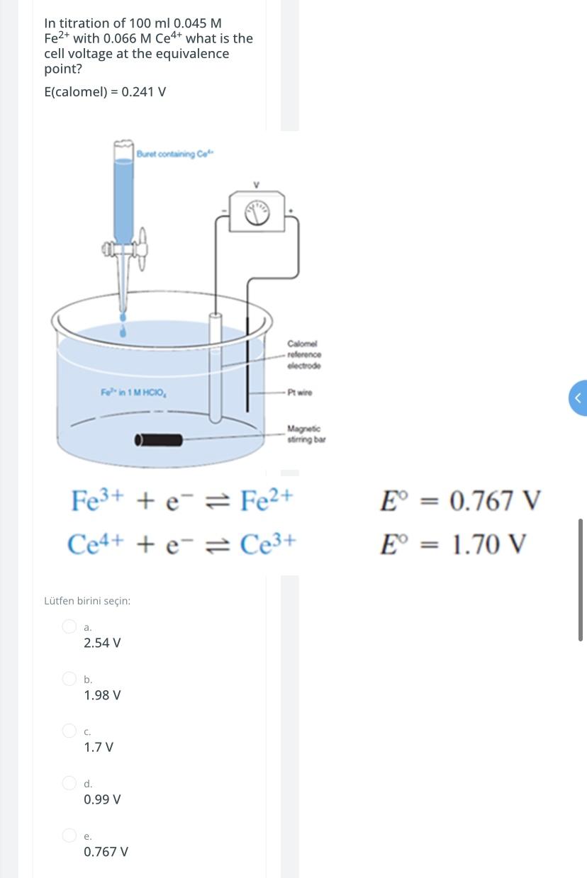 Solved In titration of 100 ml 0.045 M Fe2+ with 0.066 M Ce4+ | Chegg.com