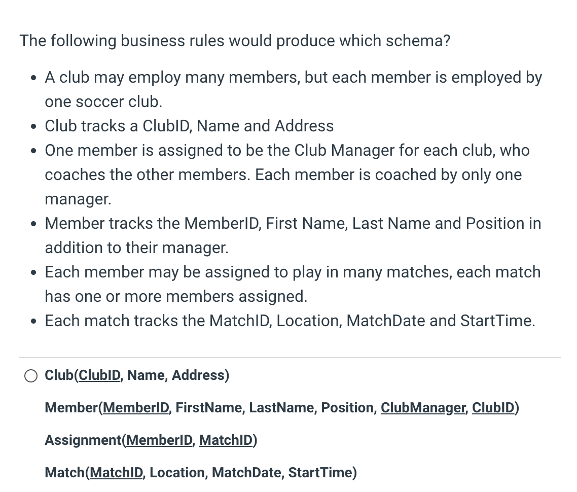 Solved The following business rules would produce which | Chegg.com