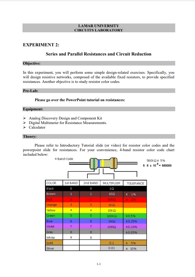 Solved LAMAR UNIVERSITY CIRCUITS LABORATORY EXPERIMENT 2: | Chegg.com