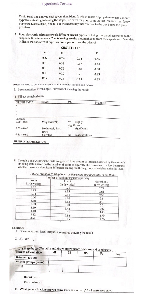Solved Hypothesis Testing Task: Read and analyze each given, | Chegg.com
