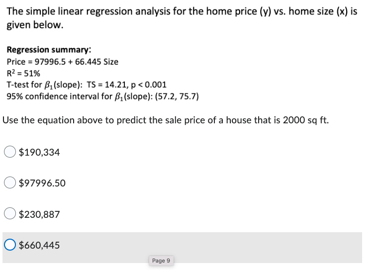 Solved The simple linear regression analysis for the home | Chegg.com