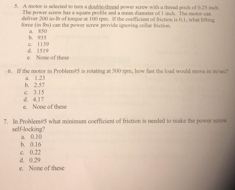Solved A Motor Is Selected To Turn A Double Thread Power