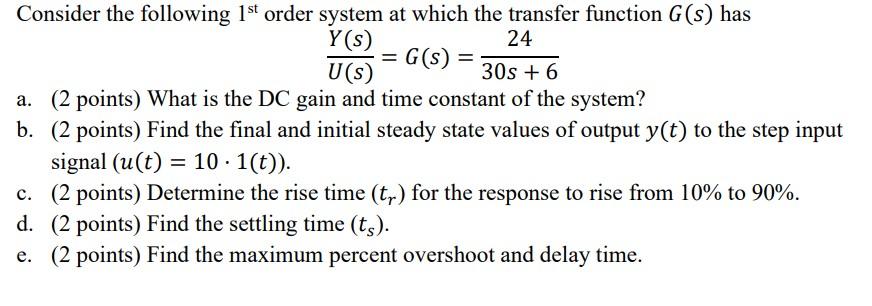 Solved Y(S) Consider the following 1st order system at which | Chegg.com