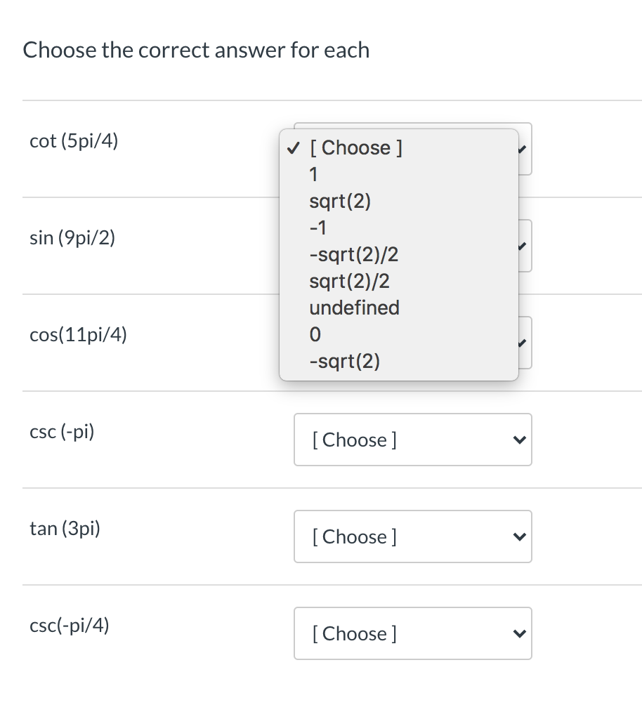 Solved Choose the correct answer for each: sin (11pi/3) cot | Chegg.com