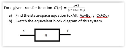 Solved For a given transfer function G(s)=(s2+3s+25)s+3 a) | Chegg.com
