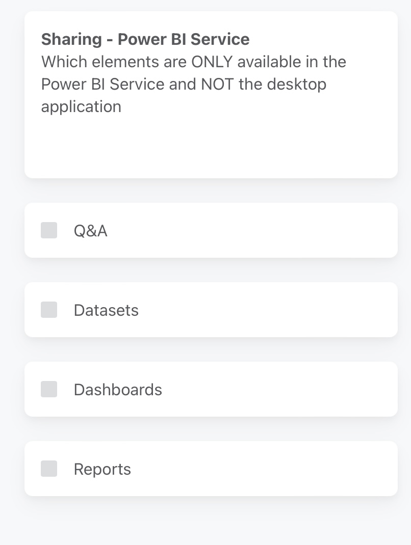 Solved Sharing - ﻿Power BI ServiceWhich elements are ONLY | Chegg.com