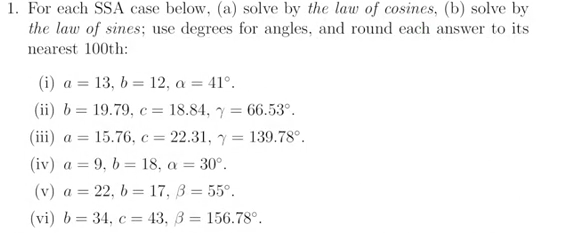 Solved For each SSA case below, (a) solve by the law of | Chegg.com