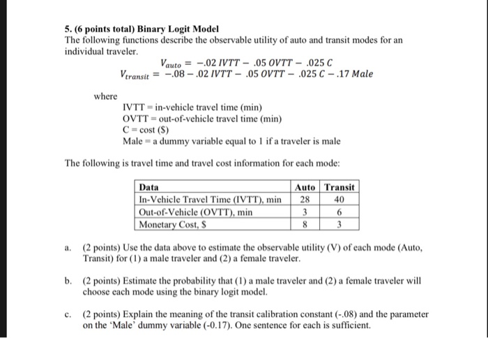Solved 5. (6 points total) Binary Logit Model The following | Chegg.com