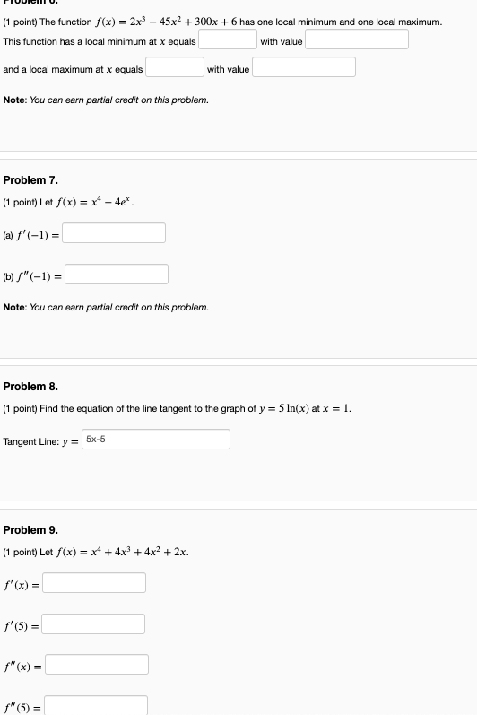 Solved (1 point) The function f(x) = 2x3 - 45x2 + 300x + 6 | Chegg.com