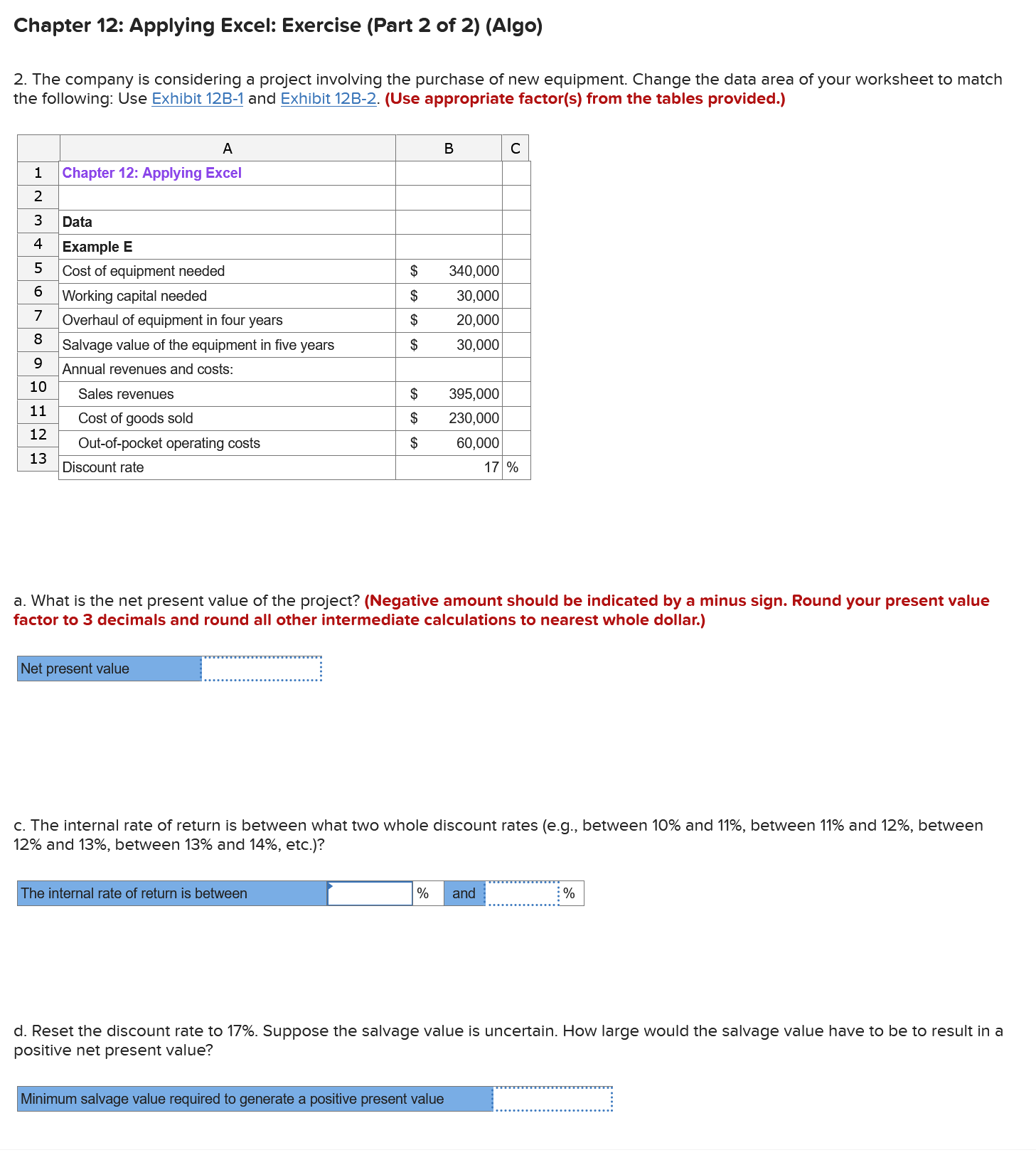 Chapter 12: Applying Excel: Exercise (Part 2 of 2) | Chegg.com