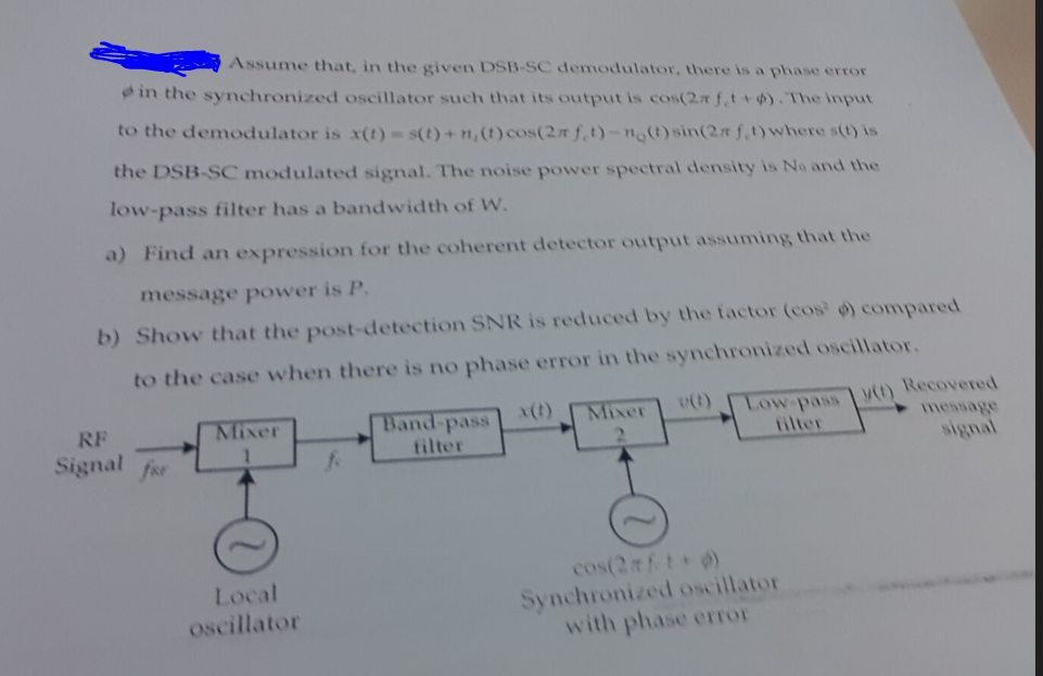 Assume that, in the given DSB-SC demodulator, there | Chegg.com