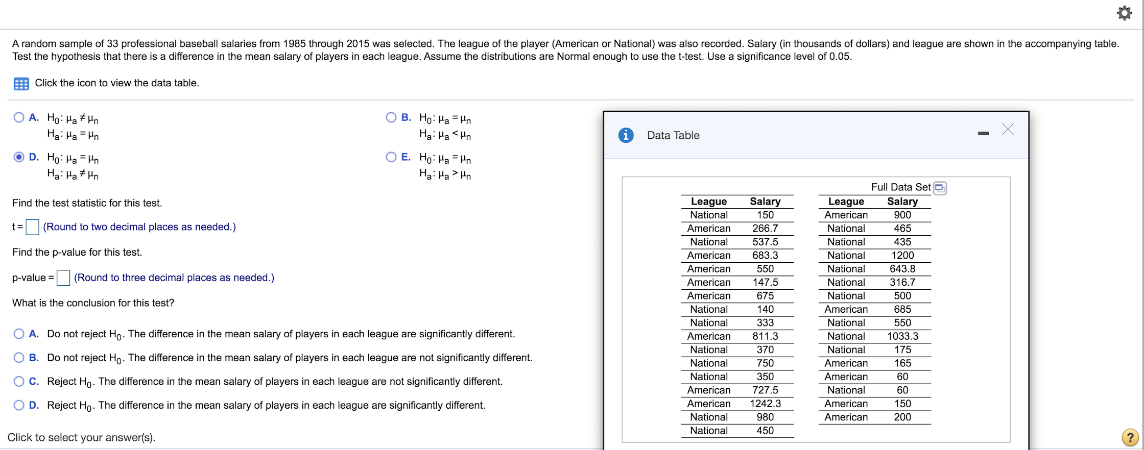 Solved A random sample of 33 professional baseball salaries | Chegg.com