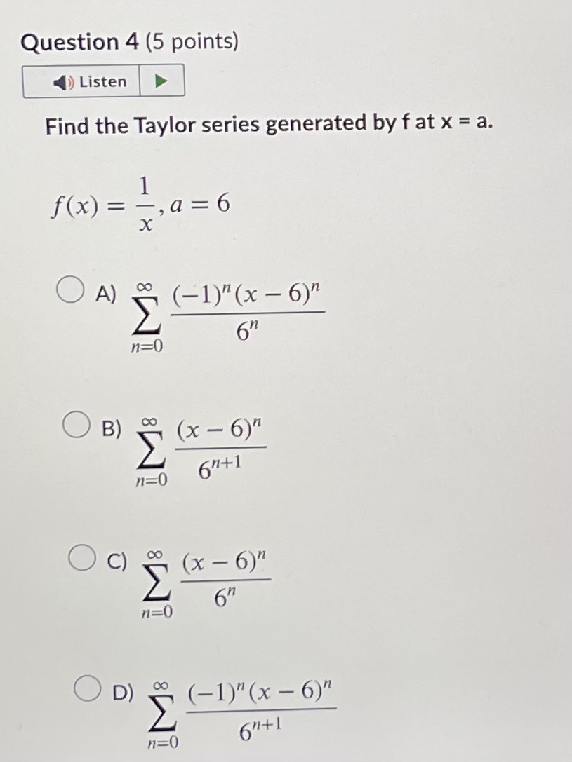 Solved Find the Taylor series generated by f at x=a. | Chegg.com