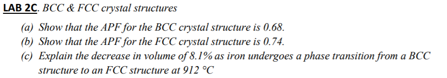 Solved LAB 2C. BCC & FCC crystal structures (a) Show that | Chegg.com