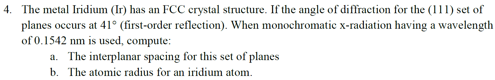 Solved 4. The metal Iridium (Ir) has an FCC crystal | Chegg.com