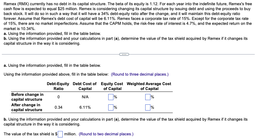 Solved Remex (RMX) currently has no debt in its capital | Chegg.com