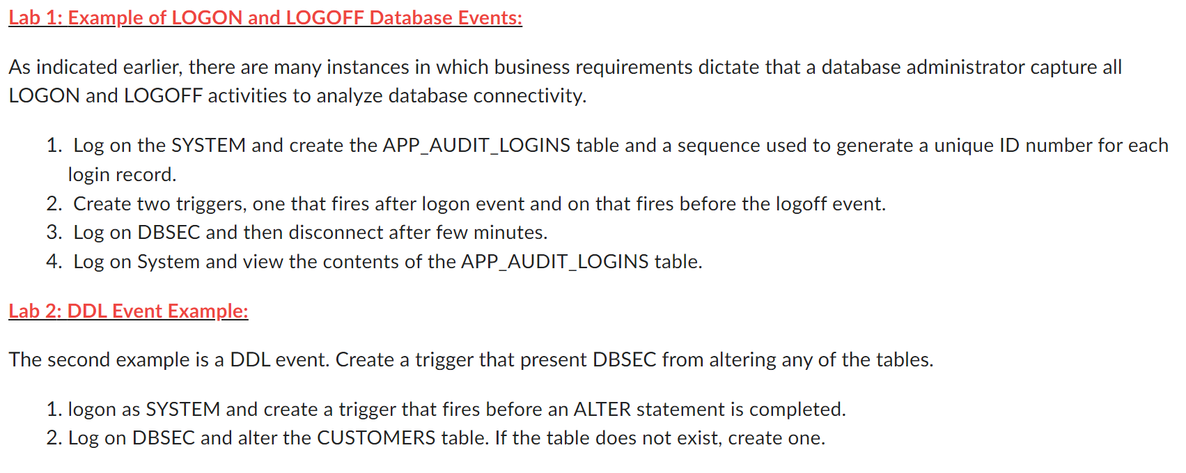 Solved Lab 1: Example of LOGON and LOGOFF Database Events: | Chegg.com