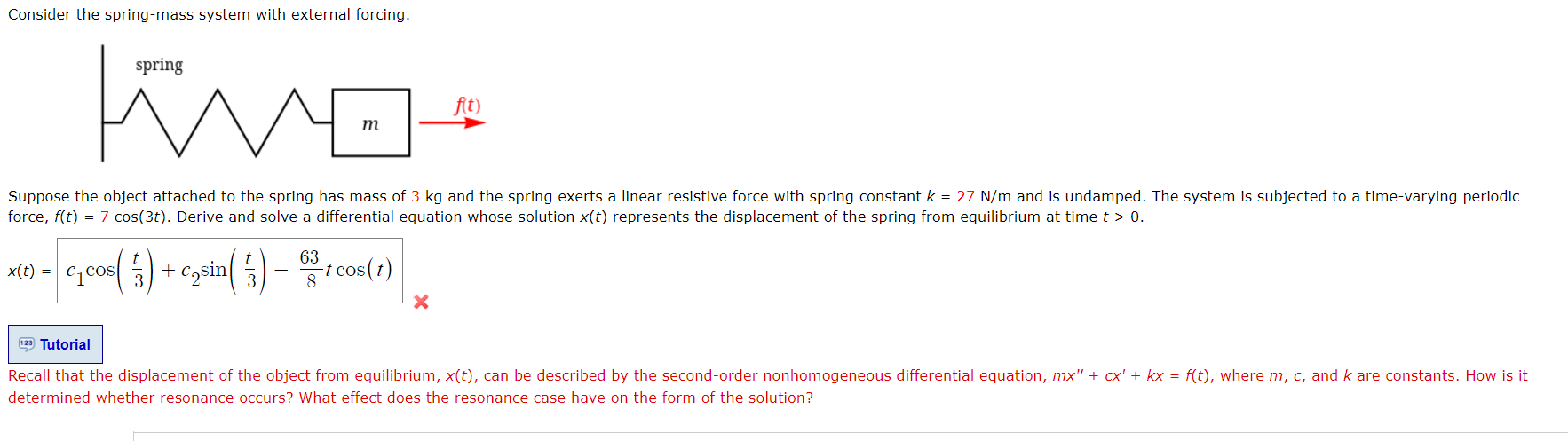 Solved Consider the spring-mass system with external | Chegg.com