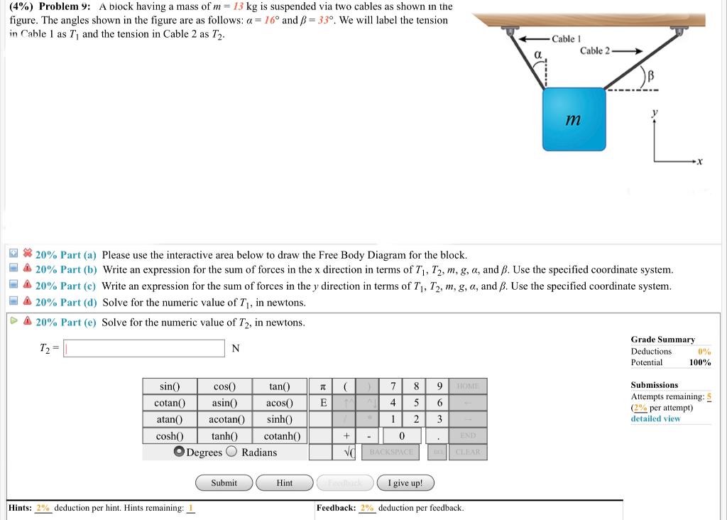 Solved (4%) Problem 9: A block having a mass of m= 13 kg is | Chegg.com