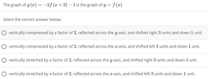 Solved The graph of g(x)=−2f(x+3)−1 is the graph of y=f(x) | Chegg.com