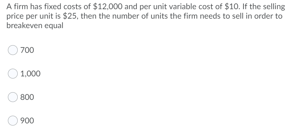 Solved A firm has fixed costs of $12,000 and per unit | Chegg.com