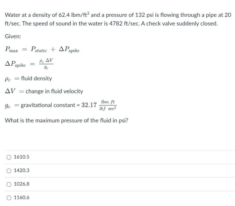 Solved Water at a density of 62.4lbm/ft3 and a pressure of | Chegg.com