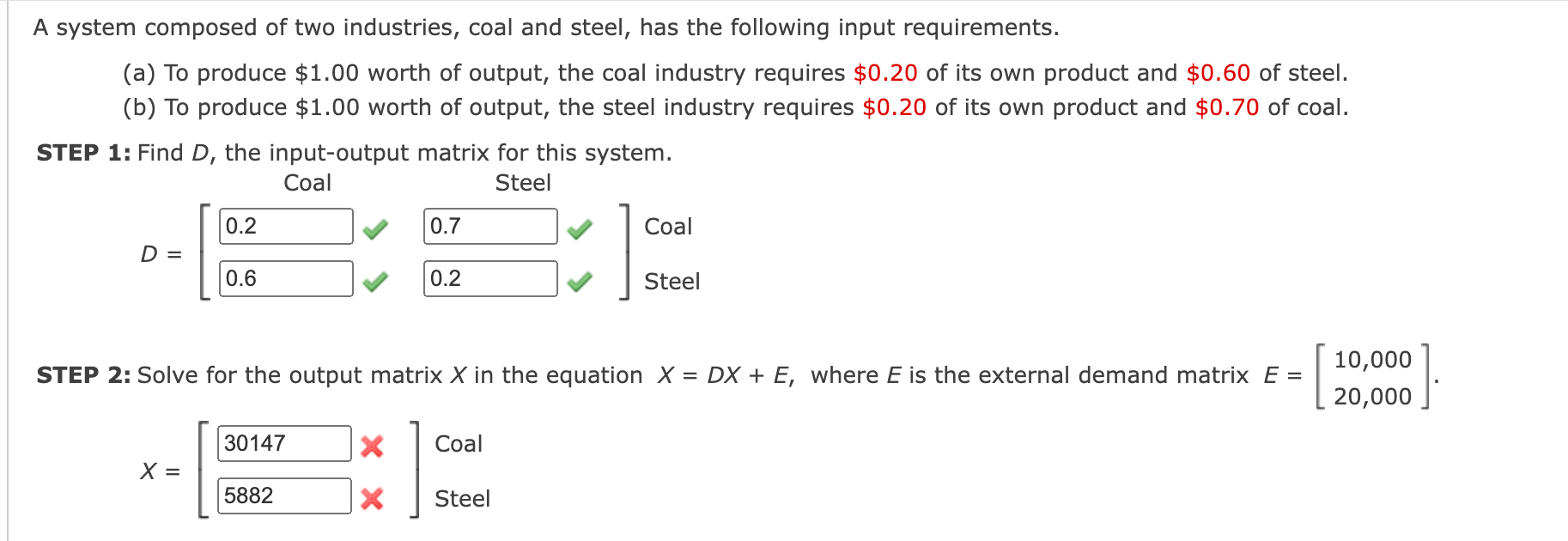 Solved A system composed of two industries, coal and steel, | Chegg.com
