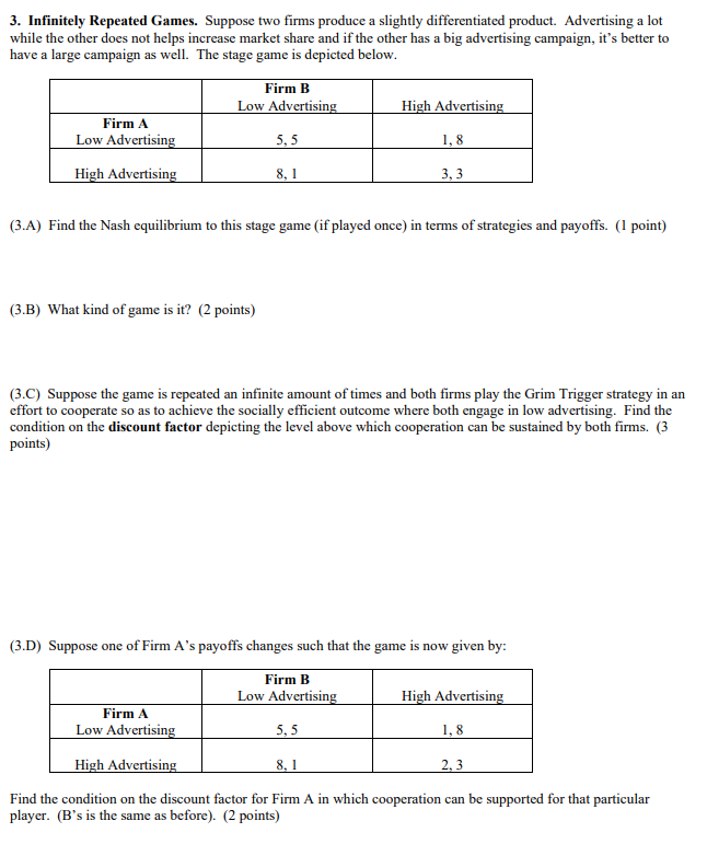 Solved 3. Infinitely Repeated Games. Suppose two firms | Chegg.com