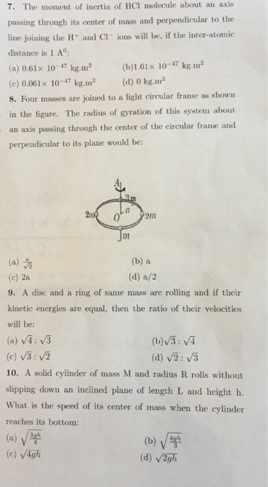 Solved 7. The moment of inertia of HCI molecule about an | Chegg.com