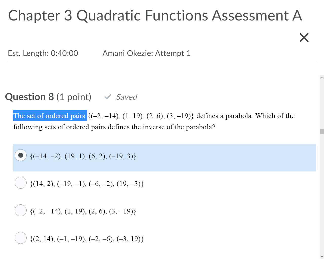 Solved Chapter 3 Quadratic Functions Assessment A Х Est. | Chegg.com