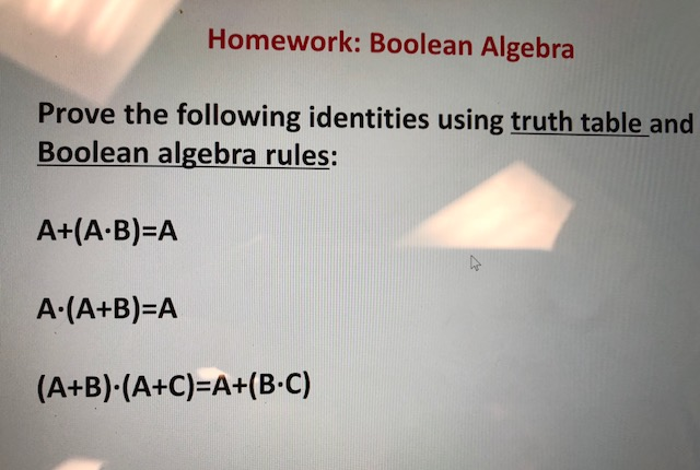 Solved Homework: Boolean Algebra Prove the following | Chegg.com