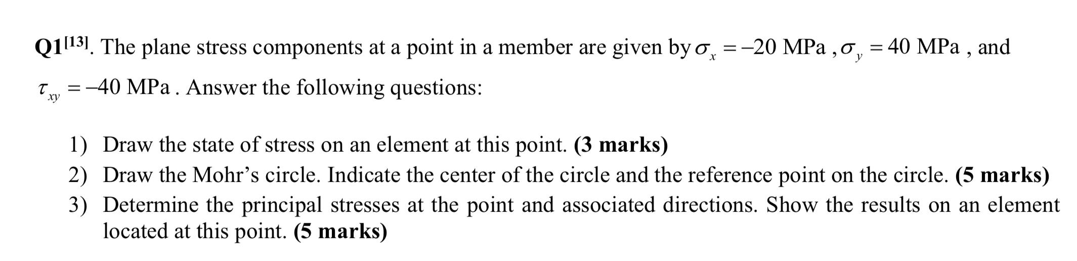 Solved 40 MPa, and Q1[13]. The plane stress components at a | Chegg.com
