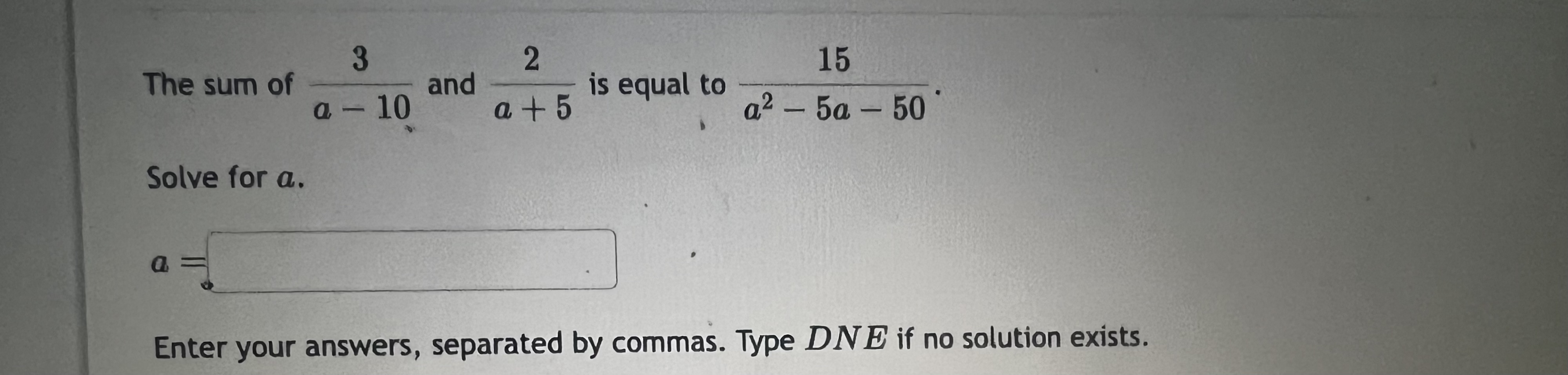 Solved The sum of a−103 and a+52 is equal to a2−5a−5015. | Chegg.com
