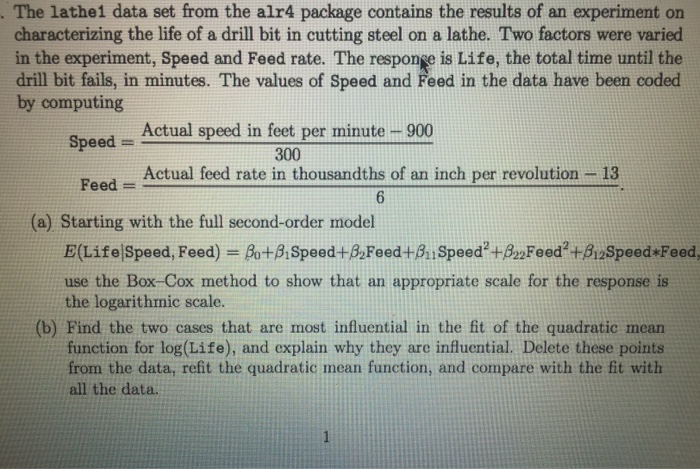 The lathe1 data set from the alr4 package contains | Chegg.com