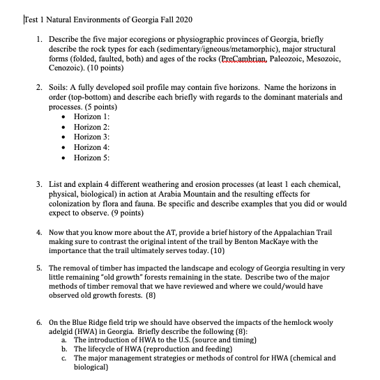 Solved Test 1 Natural Environments of Georgia Fall 2020 1. | Chegg.com