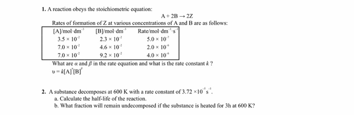 Solved 1. A reaction obeys the stoichiometric equation: | Chegg.com
