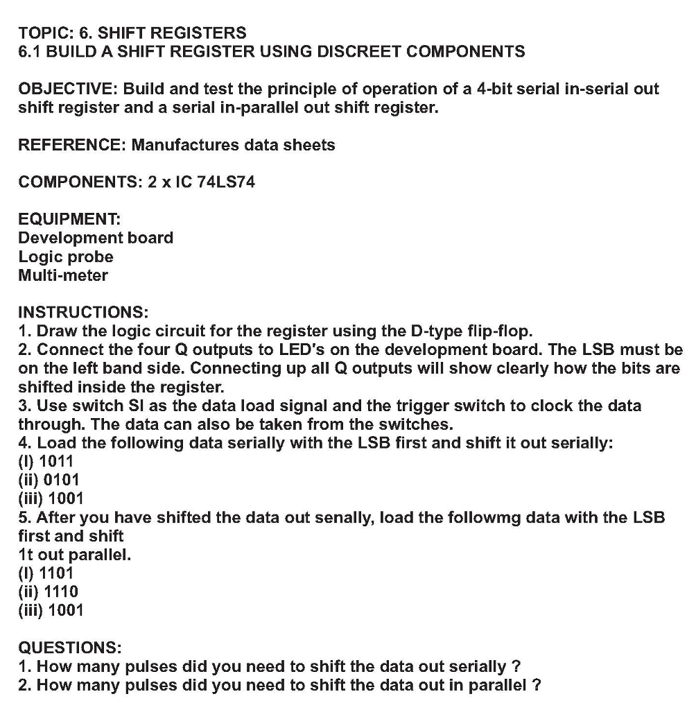 Solved TOPIC: 6. SHIFT REGISTERS 6.1 BUILD A SHIFT REGISTER | Chegg.com