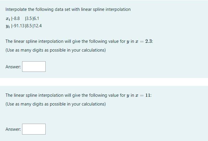 Solved Interpolate the following data set with linear spline | Chegg.com