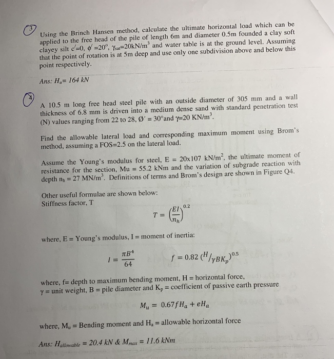 Using the Brinch Hansen method, calculate the | Chegg.com