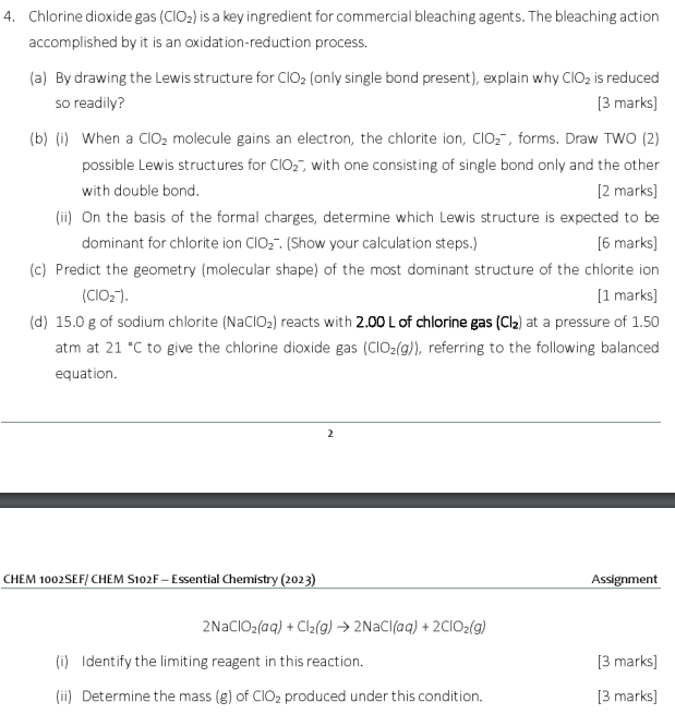 Solved Chlorine dioxide gas (ClO2) is a key ingredient for | Chegg.com