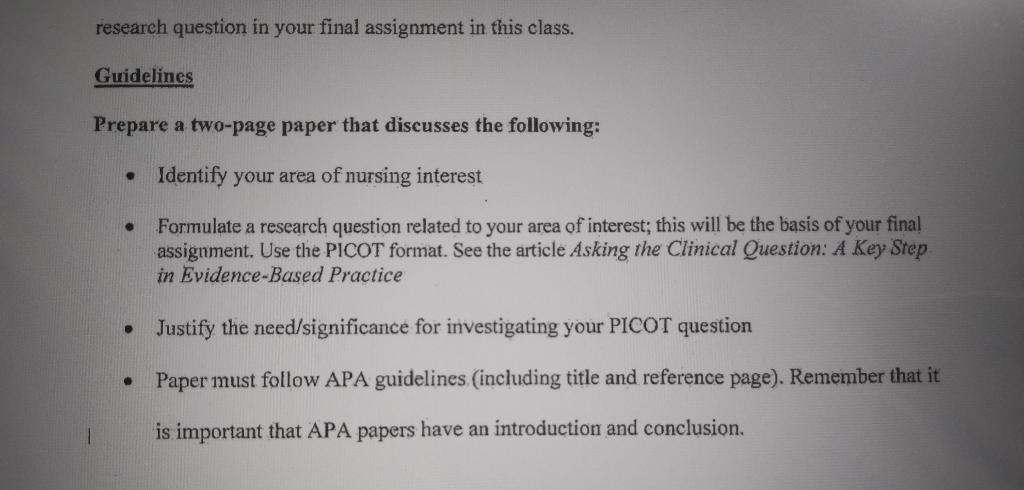 N505: Development of a Research Question Assignment | Chegg.com