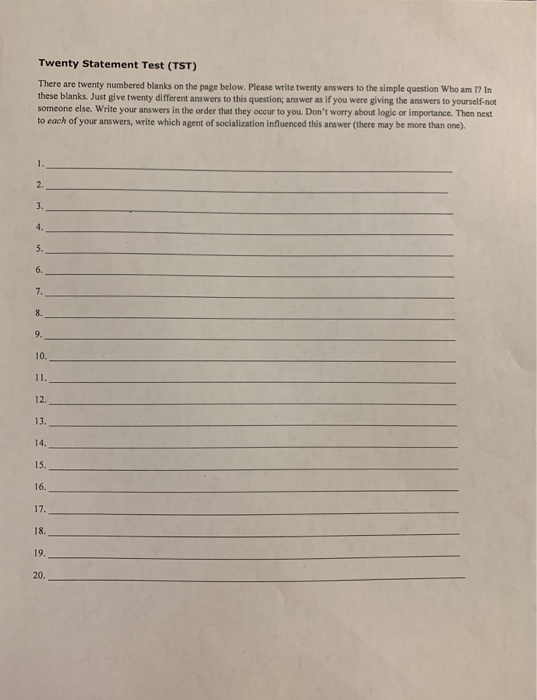 Twenty Statement Test (TST) There are twenty numbered | Chegg.com